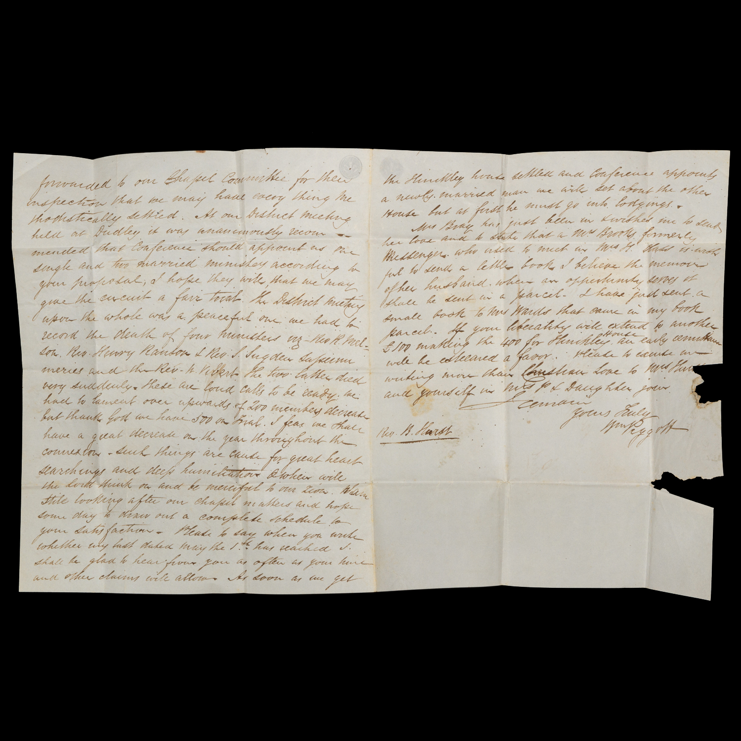 Manuscript letter addressed to Rev. Benjamin Hurst, Wesleyan minister ...