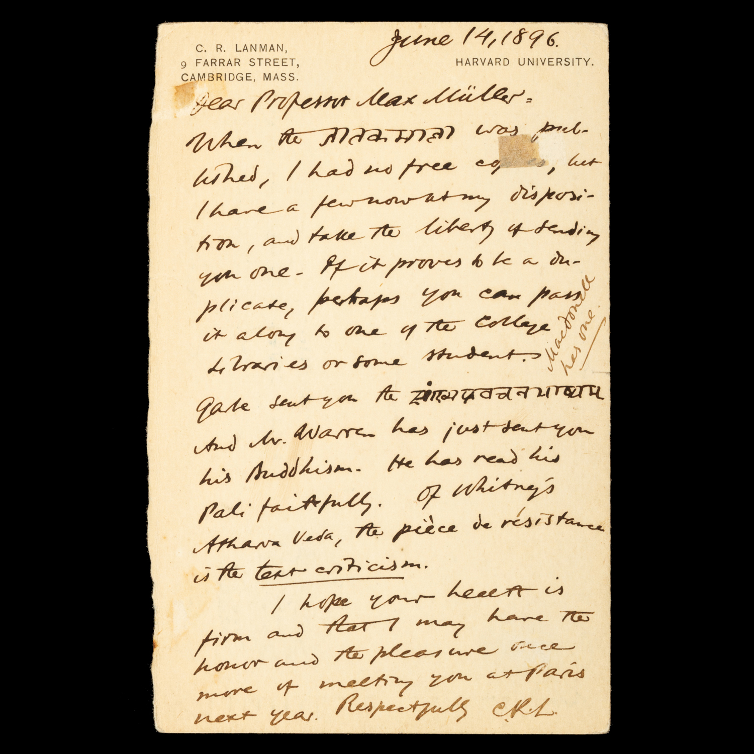 Charles Rockwell Lanman, American Sanskritist, to Professor Max Müller ...