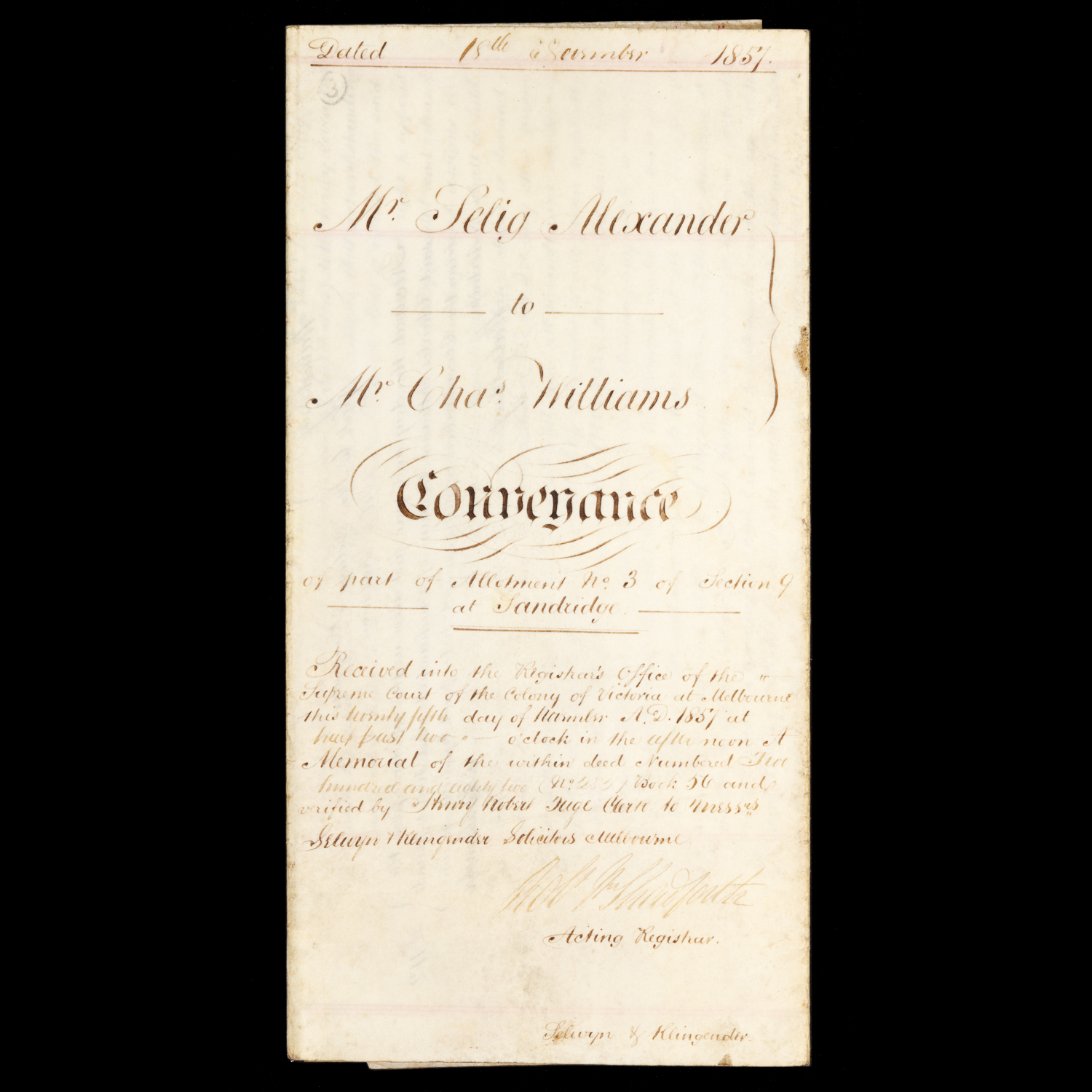 Deed of conveyance between Selig Alexander and Charles Williams ...