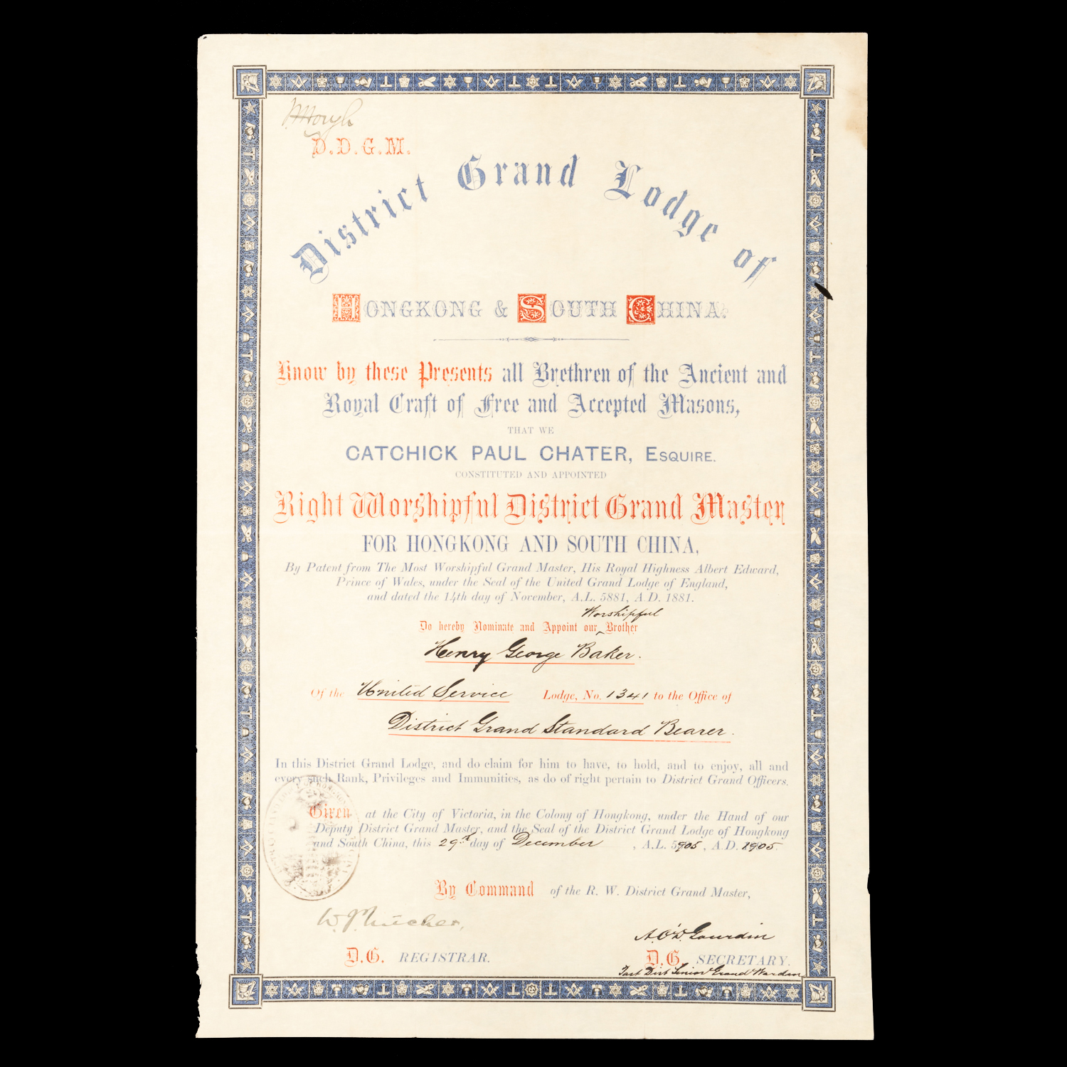 [FREEMASONRY; HONG KONG] Small archive of Masonic documents associated ...
