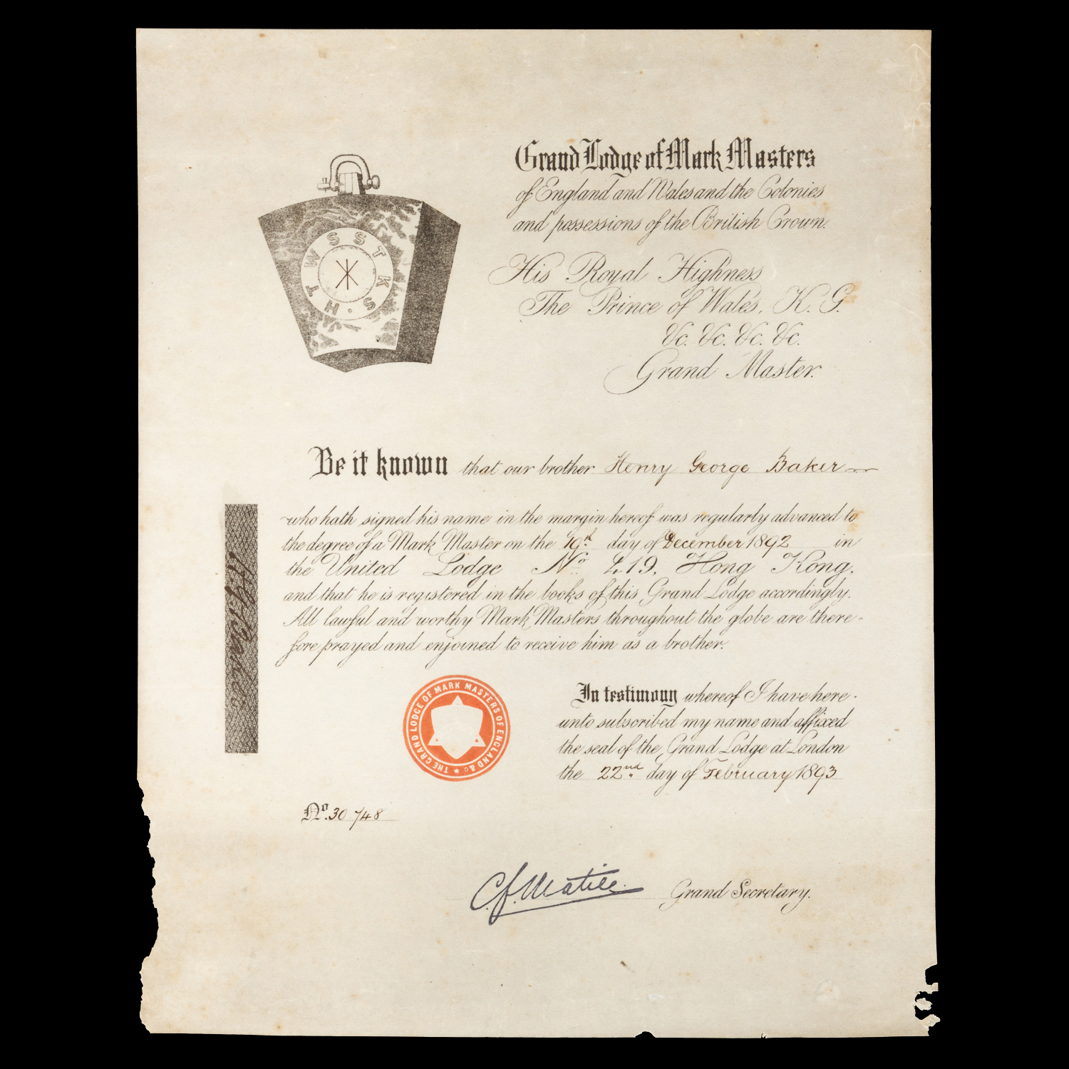 [FREEMASONRY; HONG KONG] Small archive of Masonic documents associated ...
