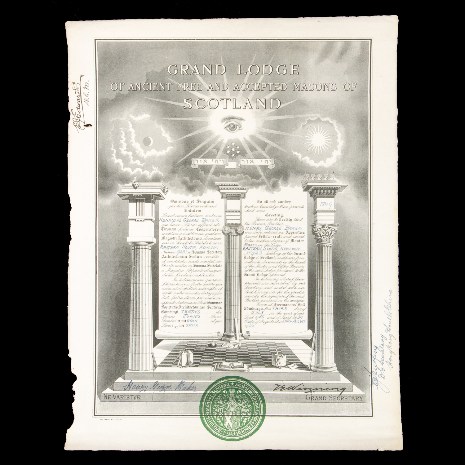 [FREEMASONRY; HONG KONG] Small archive of Masonic documents associated ...