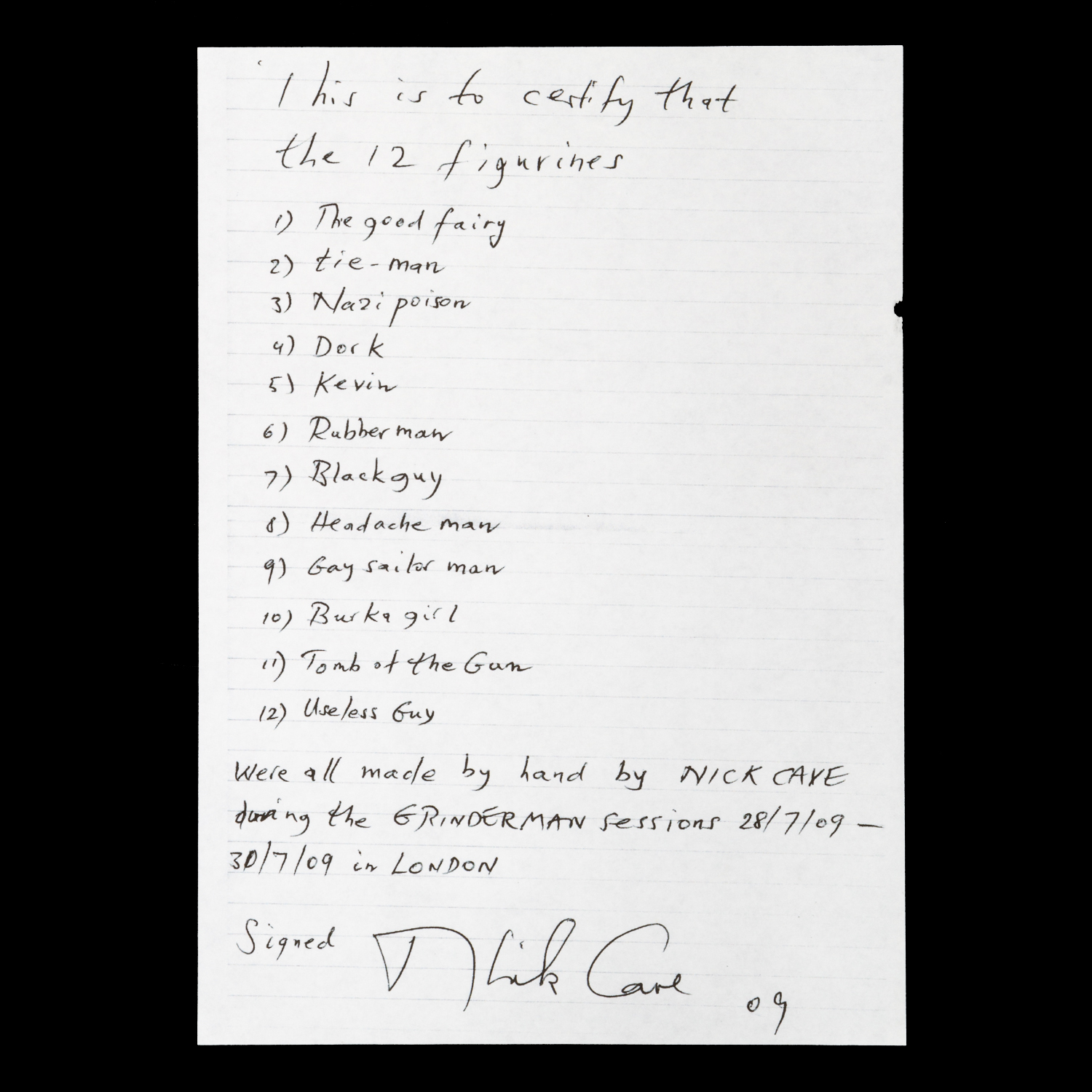 Original autograph first draft of the lyrics to the Grinderman song ...